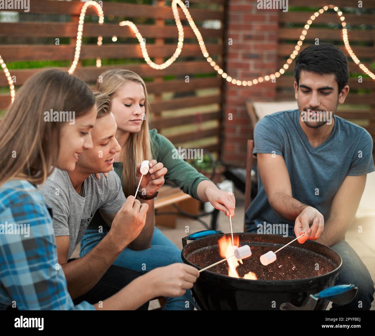 I think my marshmallow can roast a bit longer. a group cheerful young ...