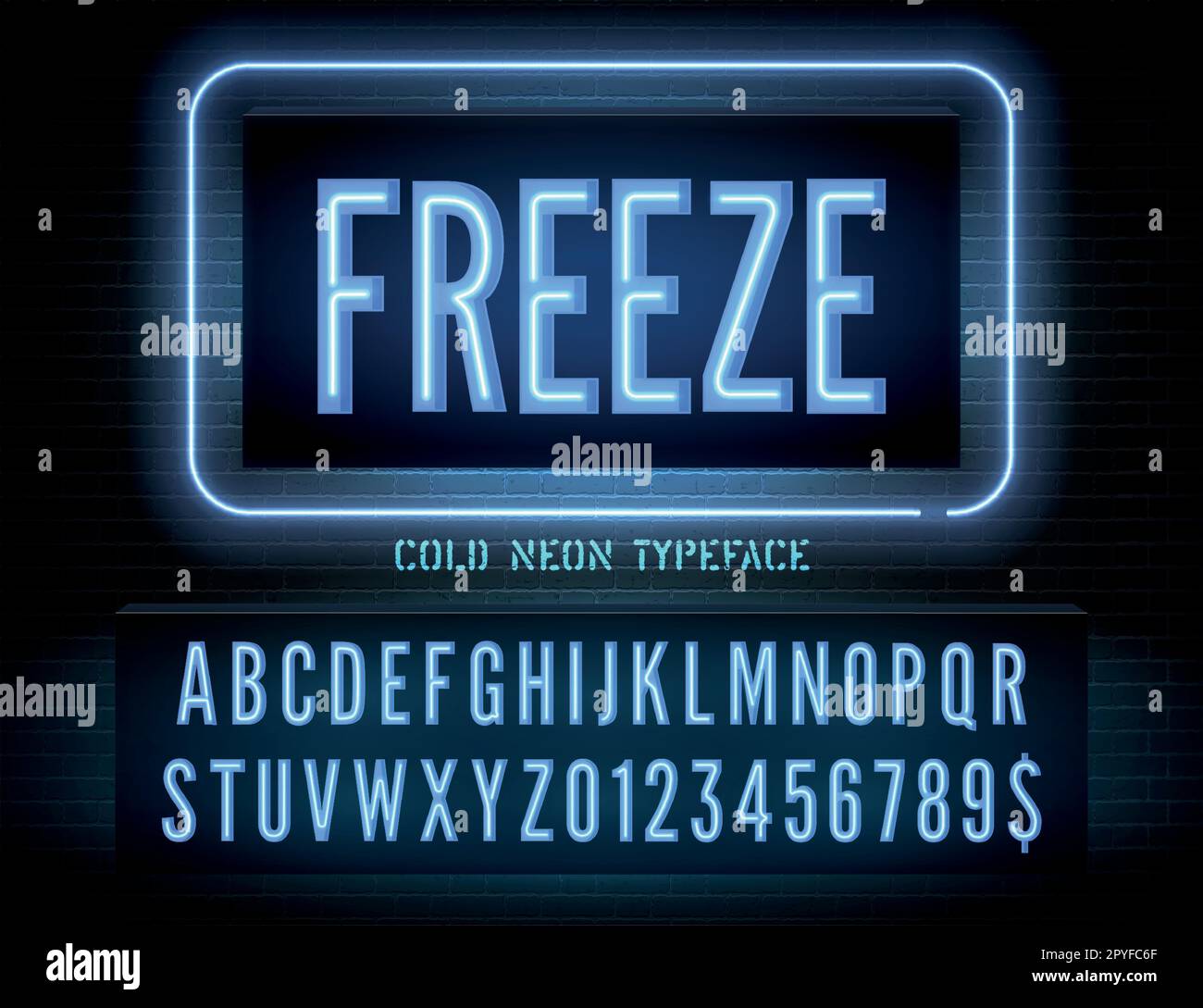 Blue box neon font with numbers on dark brick wall background. Vector ...