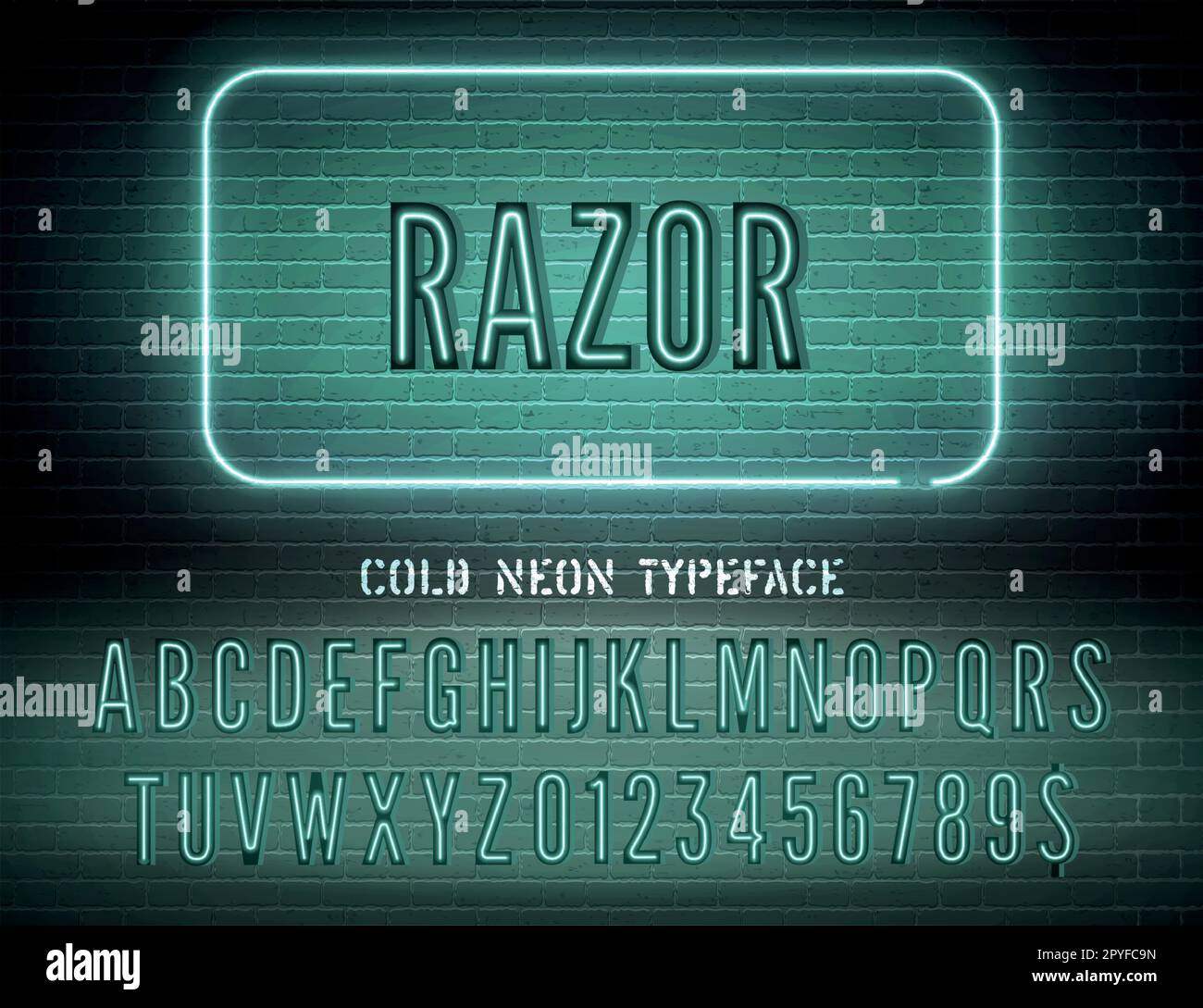 Night light glow font with numbers. Razor sign with cold green narrow ...