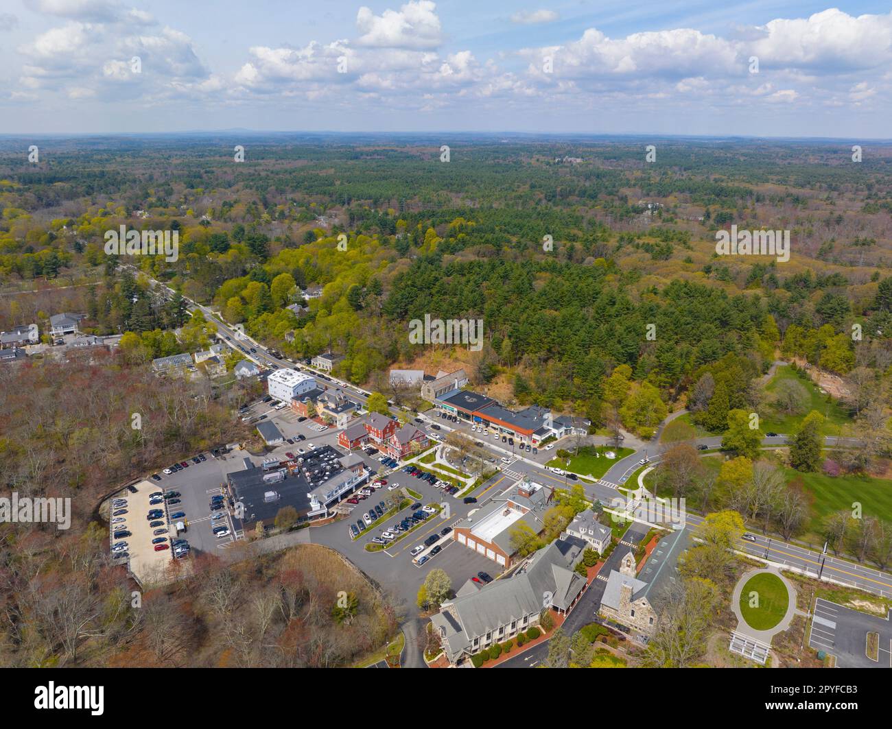 Weston historic commercial center aerial view in spring on Boston Post ...