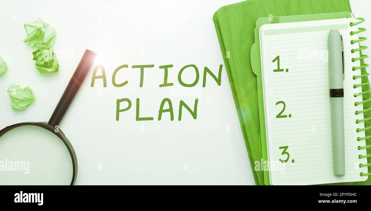Hand writing sign Action Plan. Business overview list of things or ...