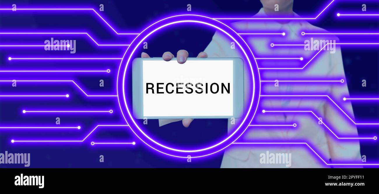 Handwriting text Recession. Word Written on the process of progressive decrease in growing ...