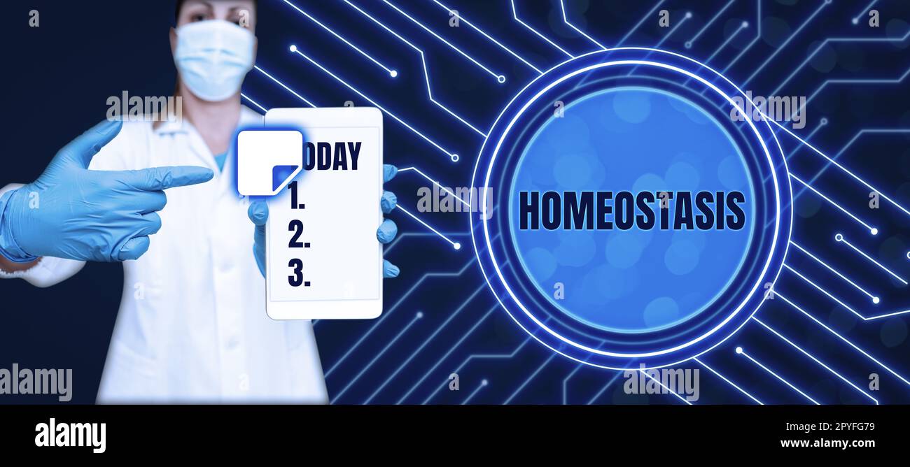 Hand writing sign Homeostasis. Concept meaning the tendency toward a ...