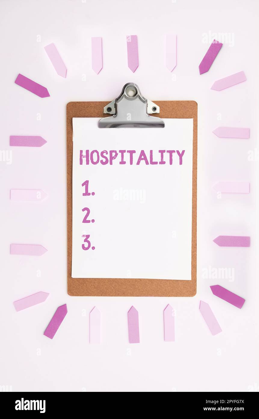 Handwriting text Hospitality. Business idea the friendly and generous ...