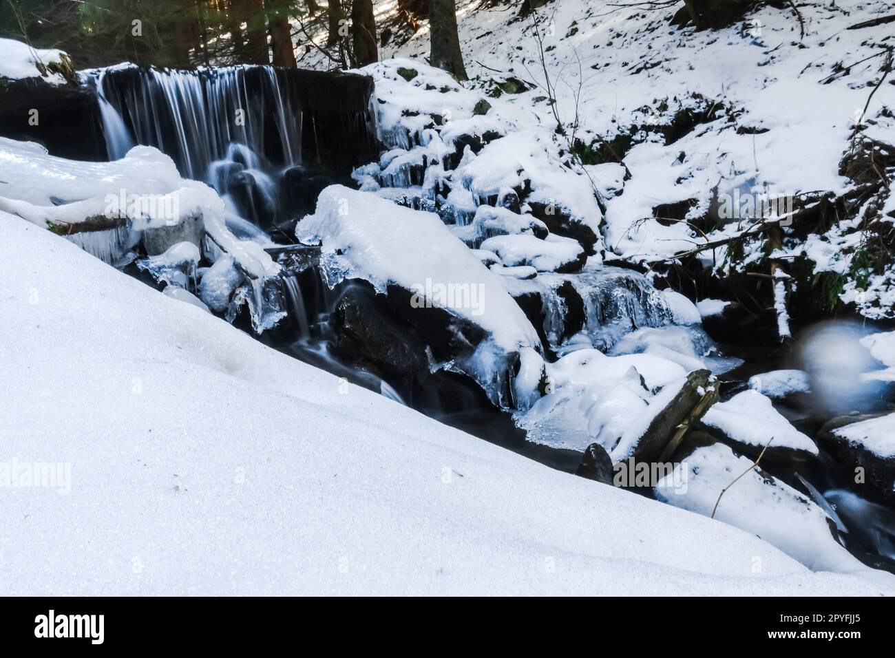 little waterfalls over rocks with snow Stock Photo - Alamy