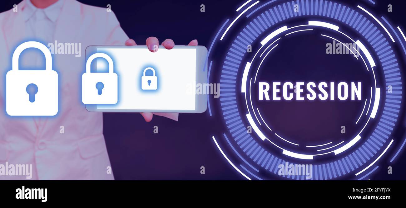 Writing displaying text Recession. Business concept the process of progressive decrease in ...