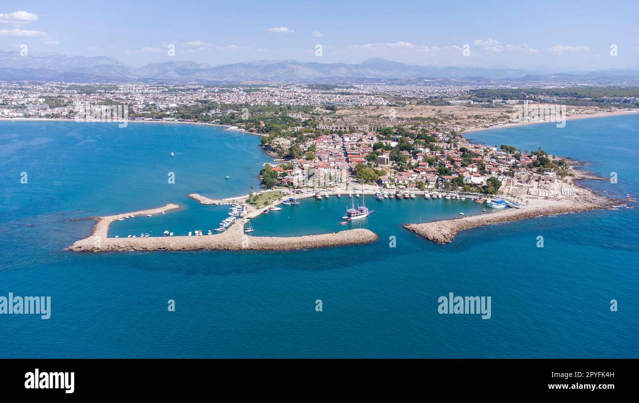 Aerial drone View Of Side Antique City . Side Old Town amphitheater ...
