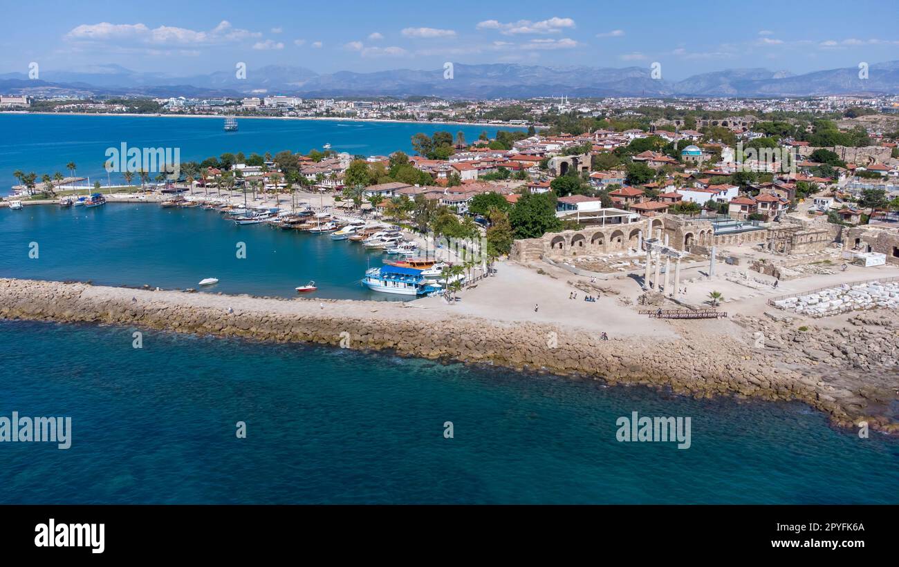 Aerial drone View Of Side Antique City . Side Old Town amphitheater ...