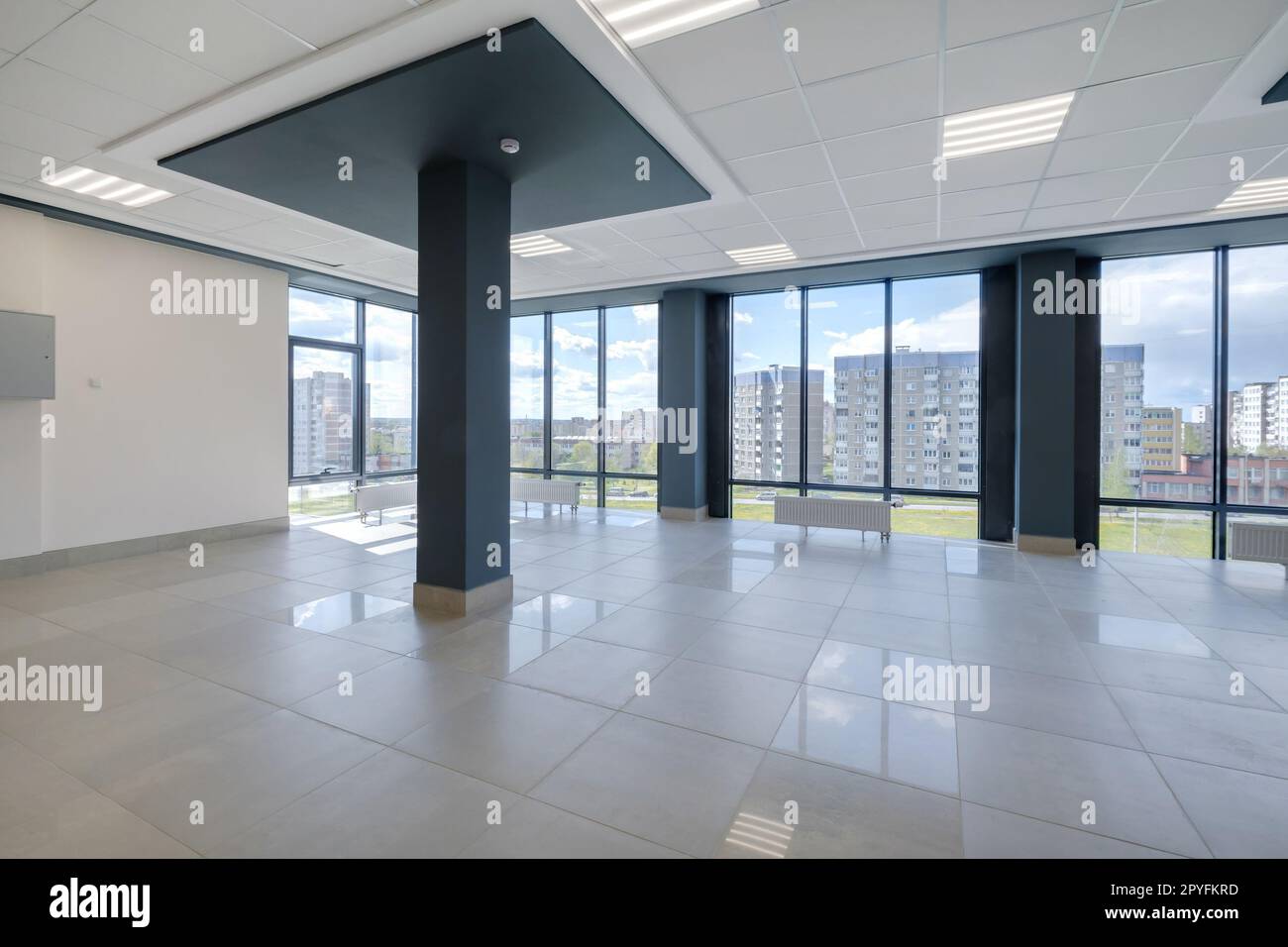 empty modern hall room with columns, doors and panoramic windows Stock ...