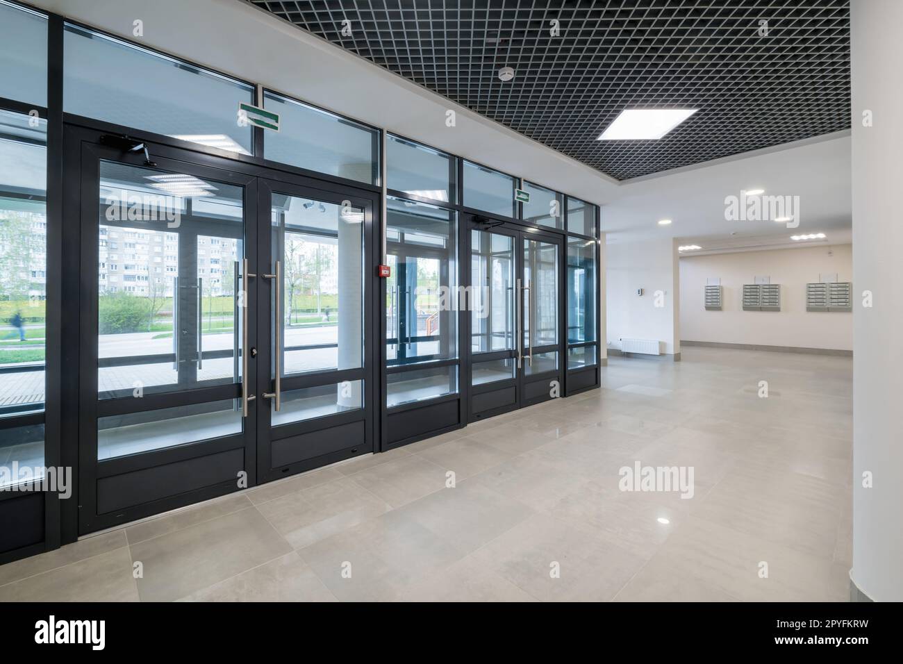 empty modern hall room with columns, doors and panoramic windows Stock ...