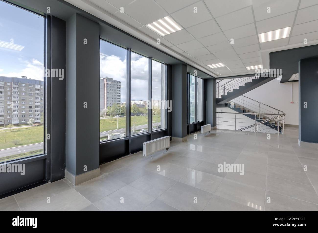 empty modern hall room with columns, doors and panoramic windows Stock ...