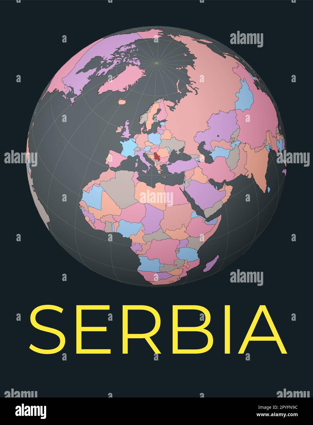 World map centered on Serbia. Red country highlighted. Satellite world ...