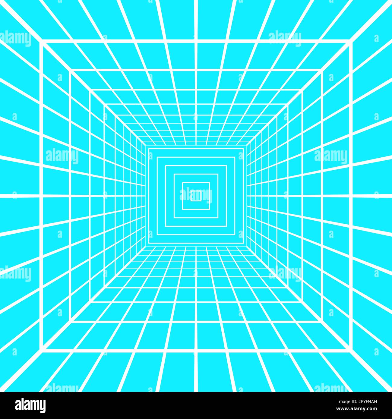 White square room wireframe in perspective on blue background. Hallway ...