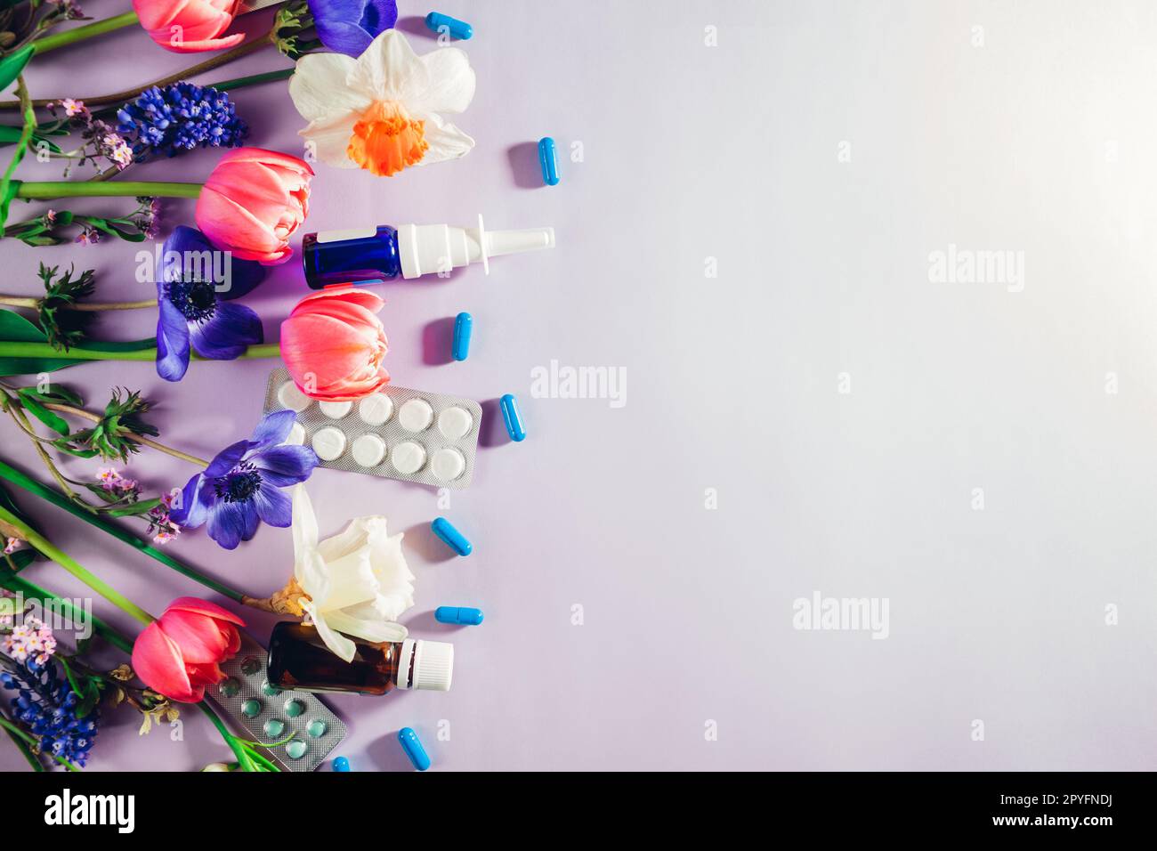 Seasonal spring allergy. Pills and nasal spray flat lay with purple ...