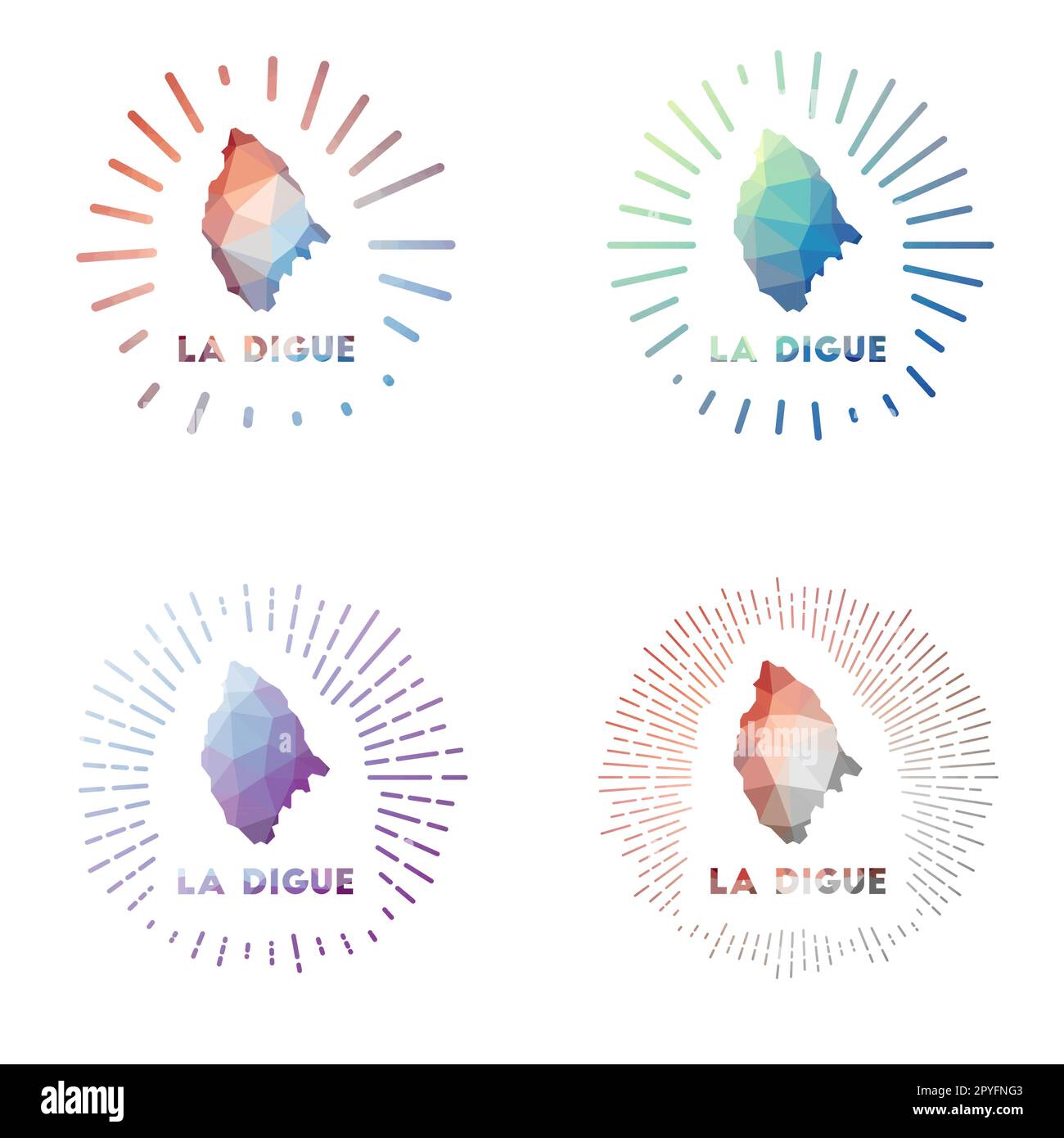 La Digue low poly sunburst set. Logo of island in geometric polygonal ...