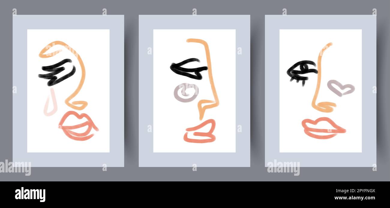 Portrait faces female character wall art print. Printable minimal ...