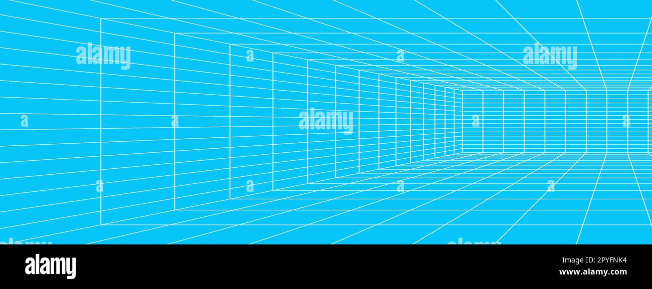 White rectangle wireframe in perspective on blue background. Room, hall ...