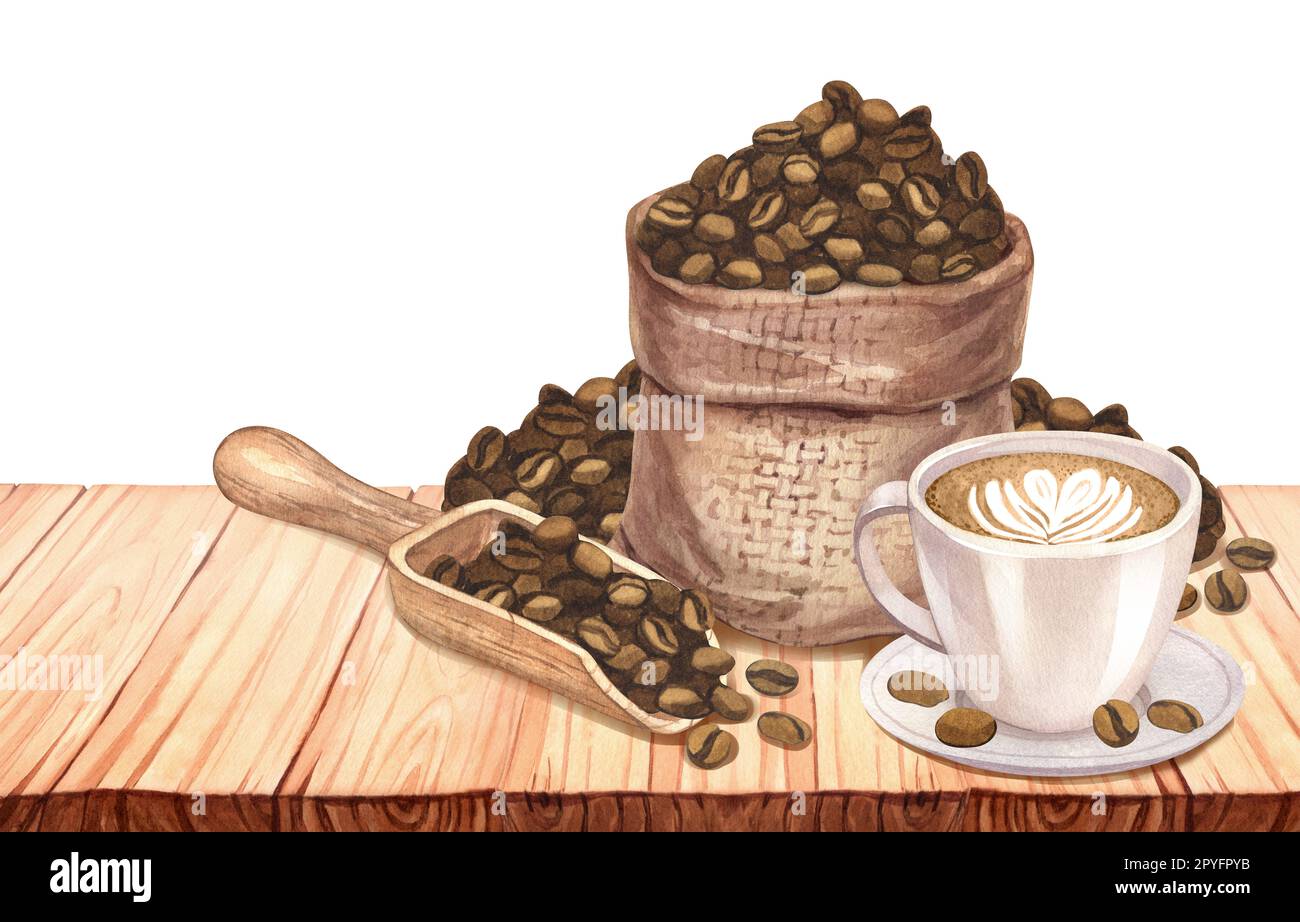 Watercolor burlap sack with brown roasted coffee beans wood scoop with grains and latte coffee ...