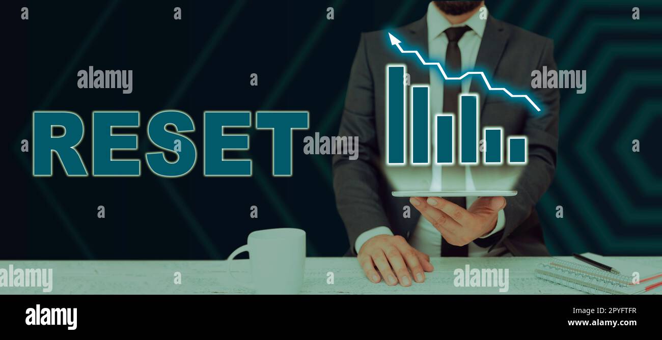 Text sign showing Reset. Business approach cause device return to its ...