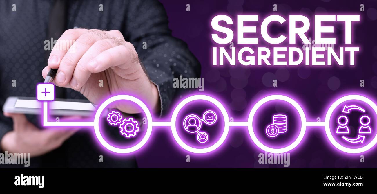 Hand writing sign Secret Ingredient. Concept meaning special technique ...