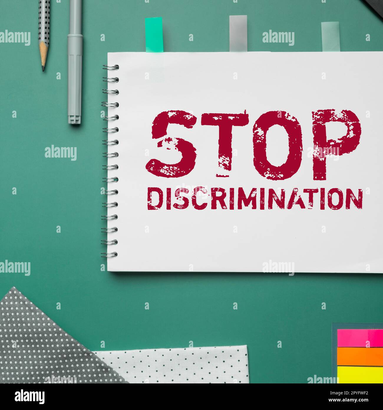 Hand writing sign Stop Discrimination. Word Written on Prevent Illegal ...