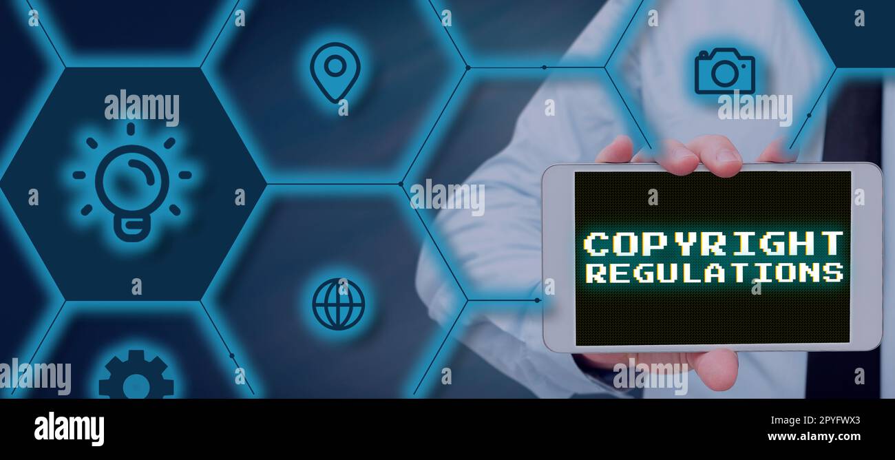 Sign displaying Copyright Regulations. Business overview body of law ...