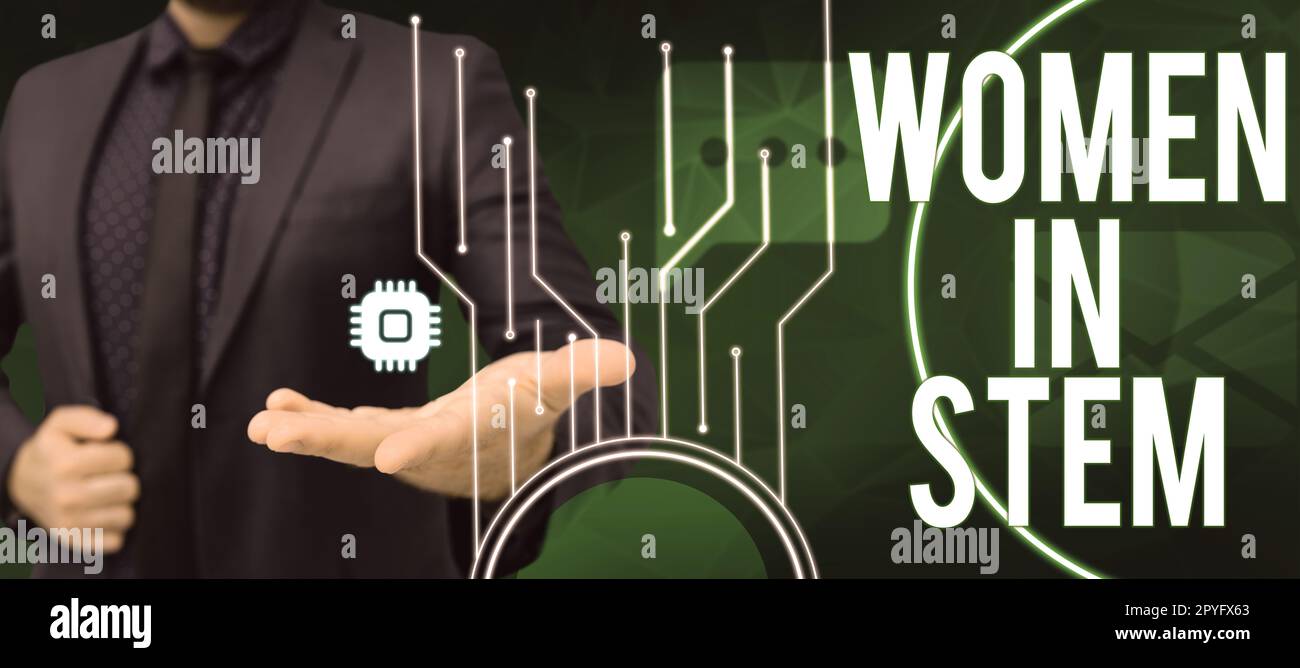 Text caption presenting Women In Stem. Word for Science Technology Engineering Mathematics ...