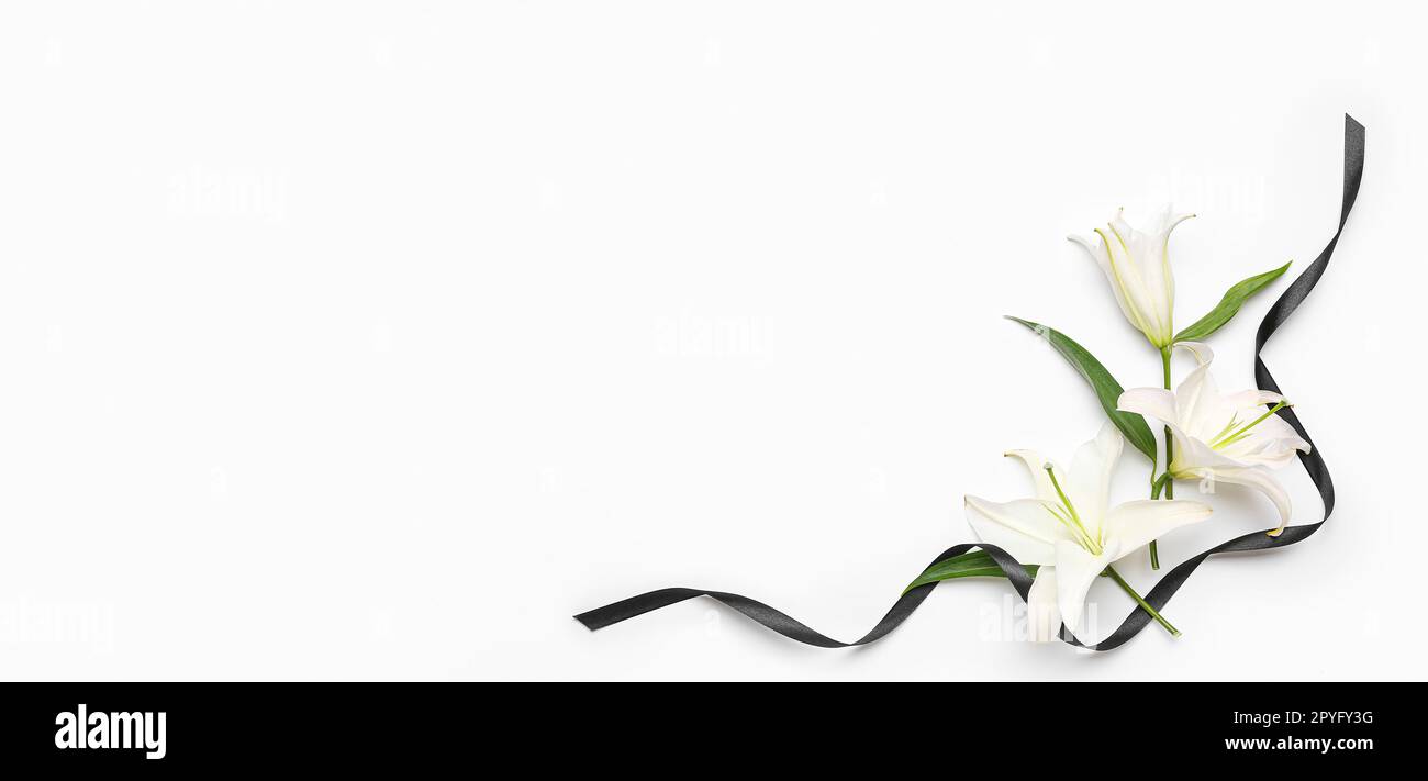 Beautiful lily flowers and black funeral ribbon on white background ...
