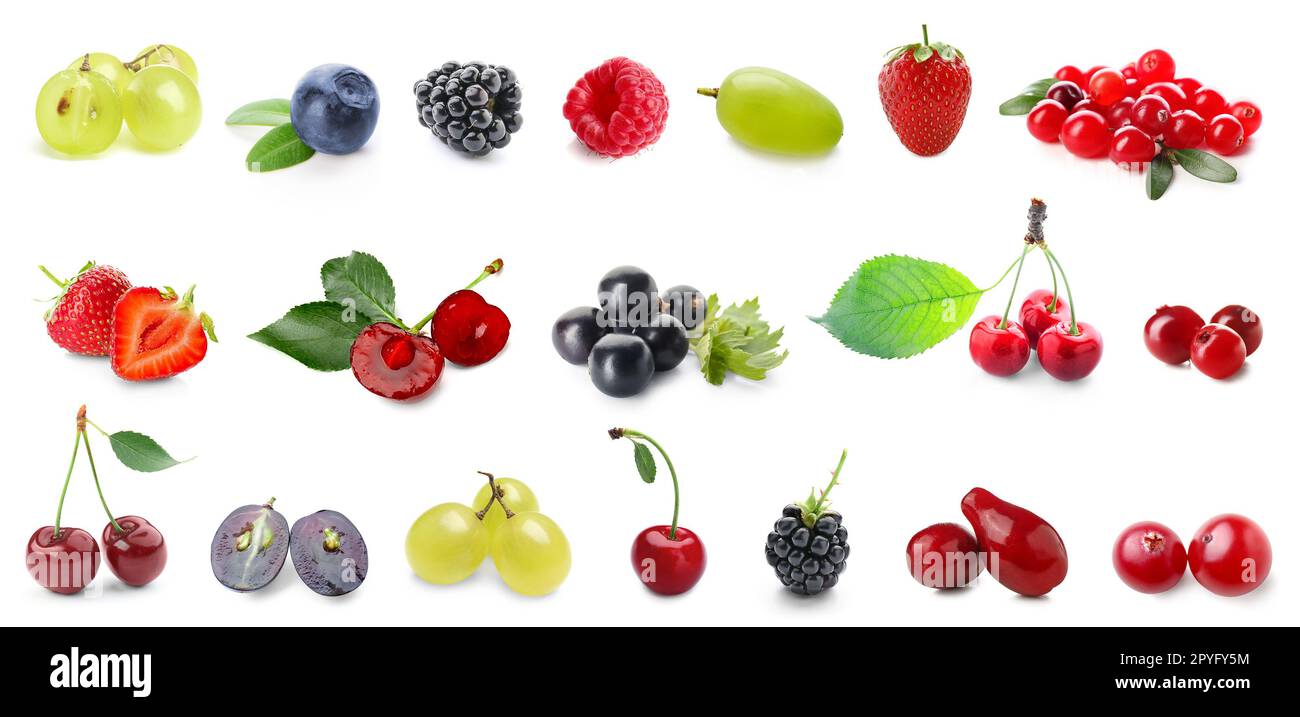 Set of different tasty berries on white background Stock Photo - Alamy