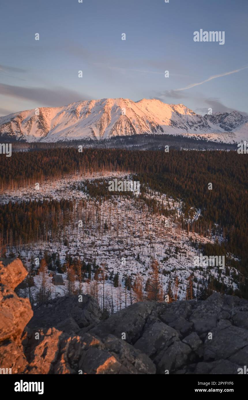Beautiful early spring mountain landscape. View of the snow-white peaks ...