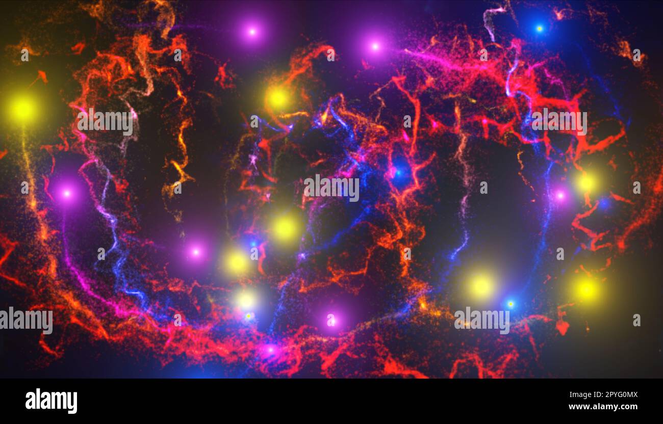 Multi-colored flying particles leaving beautiful trails. 3d render ...