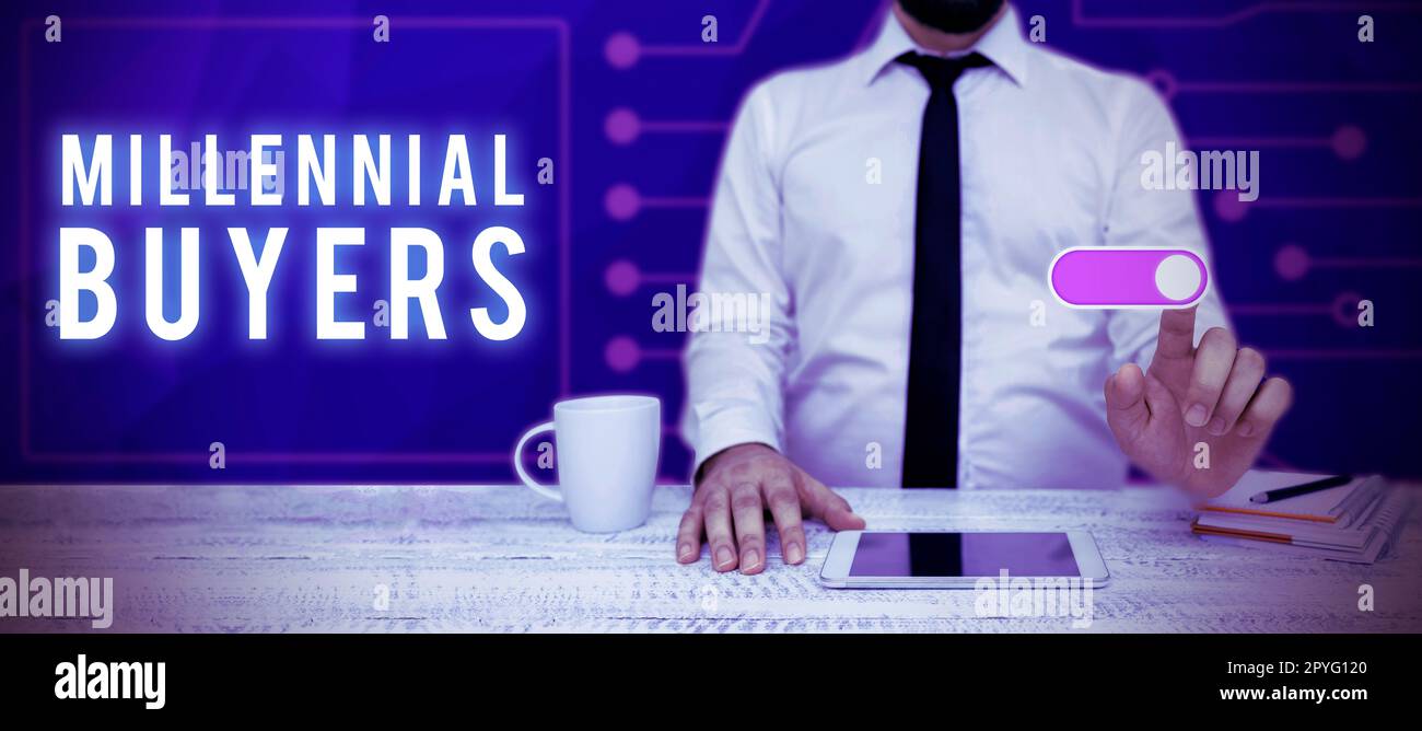Conceptual caption Millennial Buyers. Word Written on Type of consumers ...