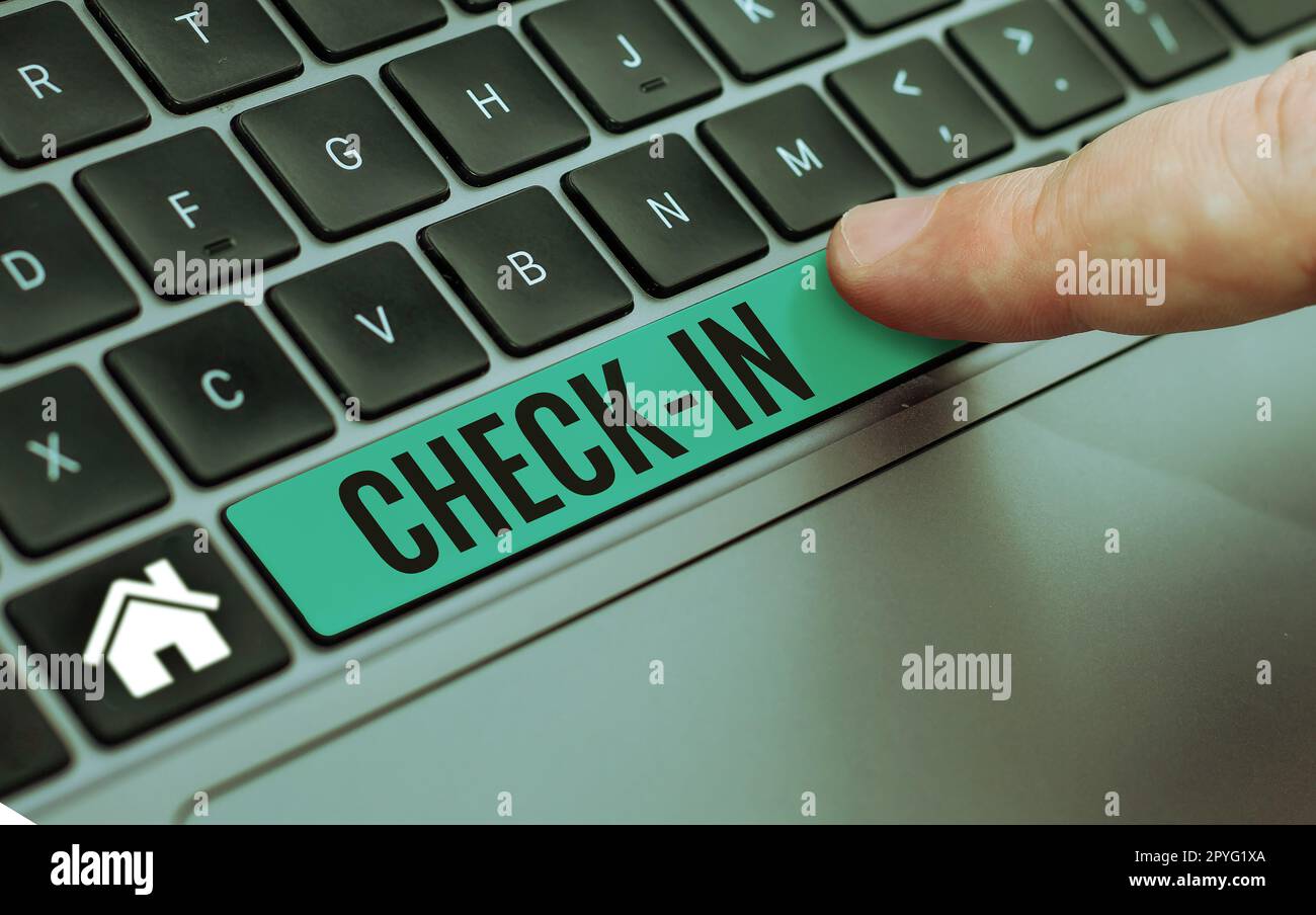 Writing displaying text Check In. Word Written on Procedure by which an ...