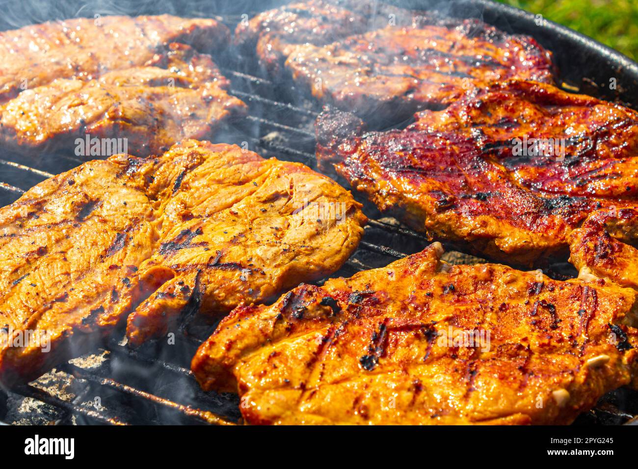 Preparing Barbeque BBQ Campfire and sausages meat steak chicken Germany ...