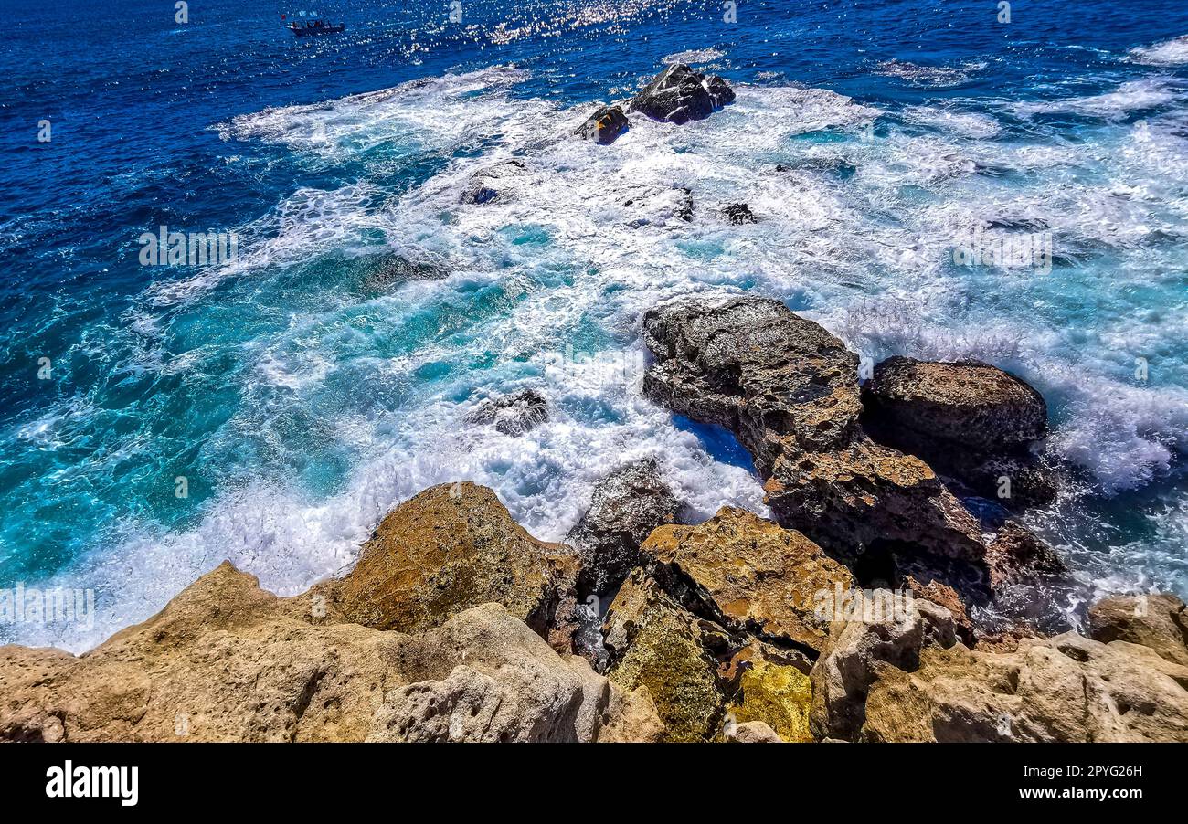 Beautiful rocks cliffs view waves at beach Puerto Escondido Mexico ...
