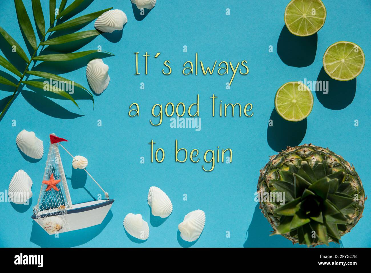 Turquoise Flat Lay, Boat, Shells, Pineapple, It Is Always A Good Time ...