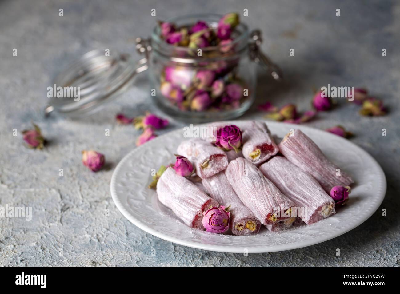 Turkish rose delight and small rose buds (Turkish name; gul sarma - gul ...