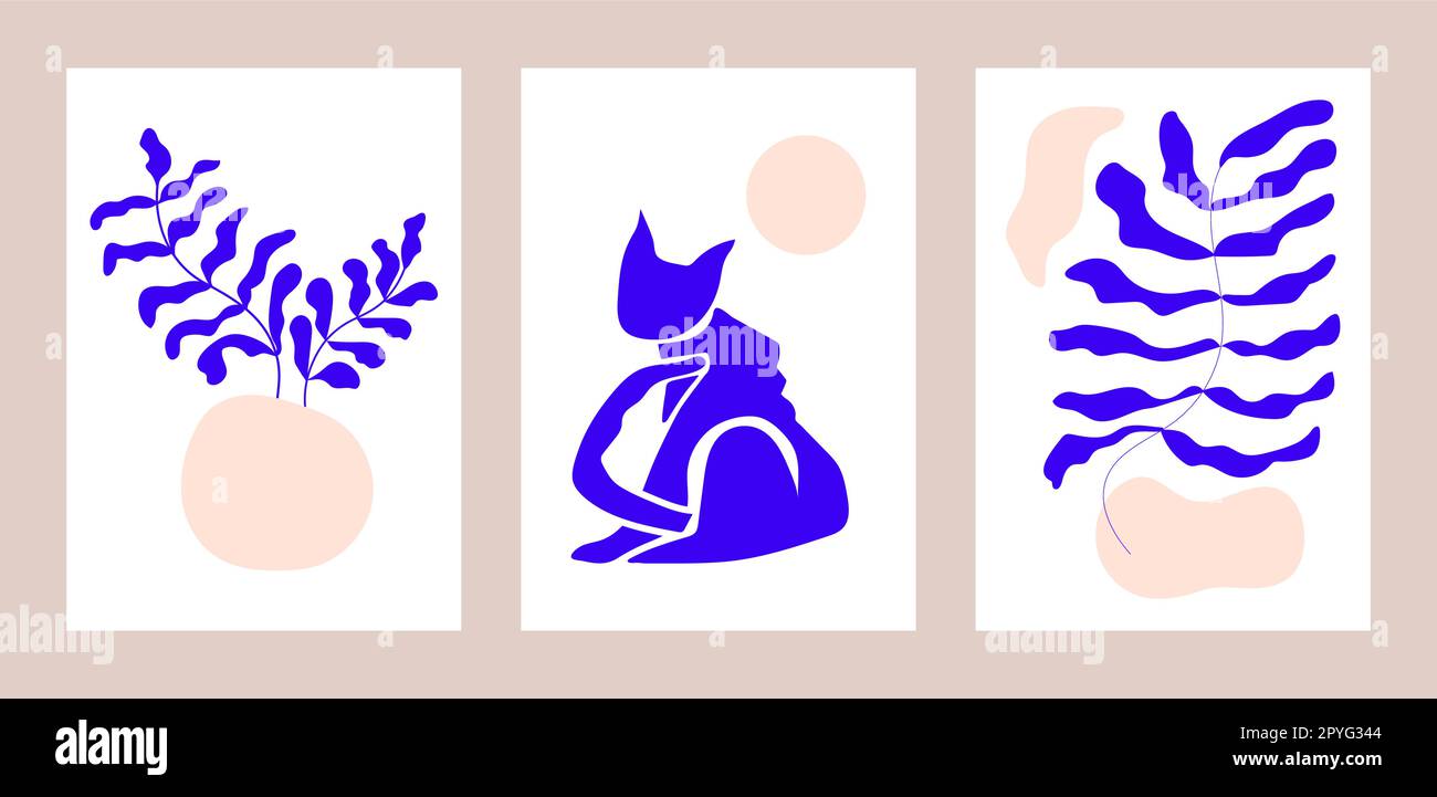 Inspired Matisse abstract figures vector. Blue cat, plant branch ...
