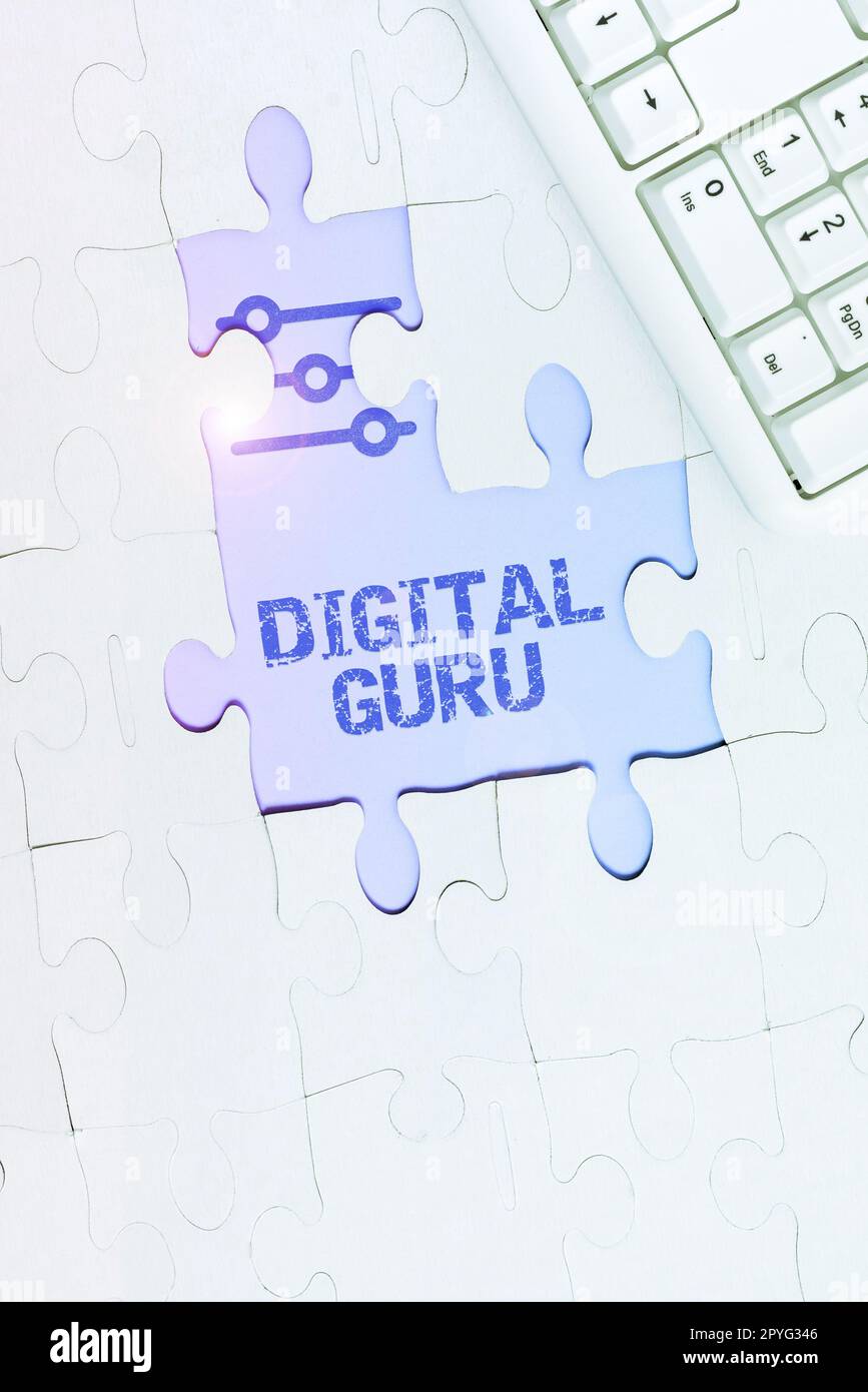 Hand writing sign Digital Guru. Word for teacher and intellectual guide ...