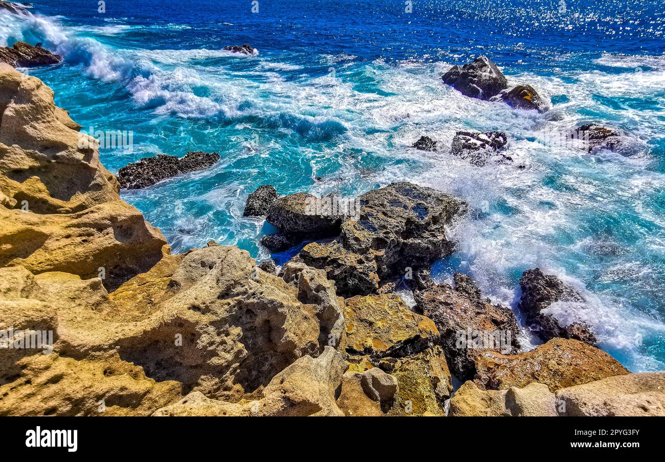 Beautiful rocks cliffs view waves at beach Puerto Escondido Mexico ...