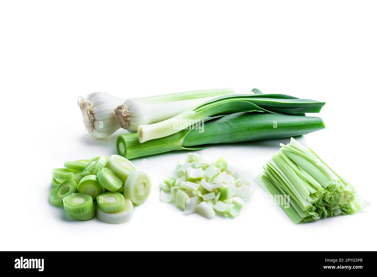 Different type of slicing leeks isolated on white Stock Photo - Alamy