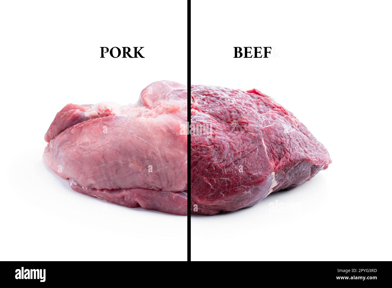 Fresh raw meet split in half. Tough choice beef and pork concept Stock ...