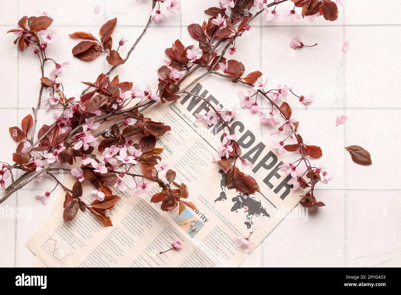 Beautiful blossoming branches and newspaper on white tile background ...