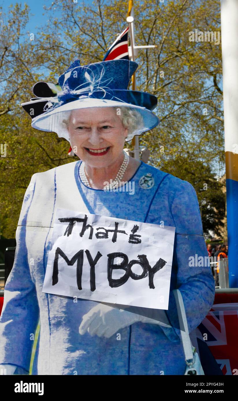 London UK May 3 2023, THE MALL . A cut out photograph of the late Queen ...