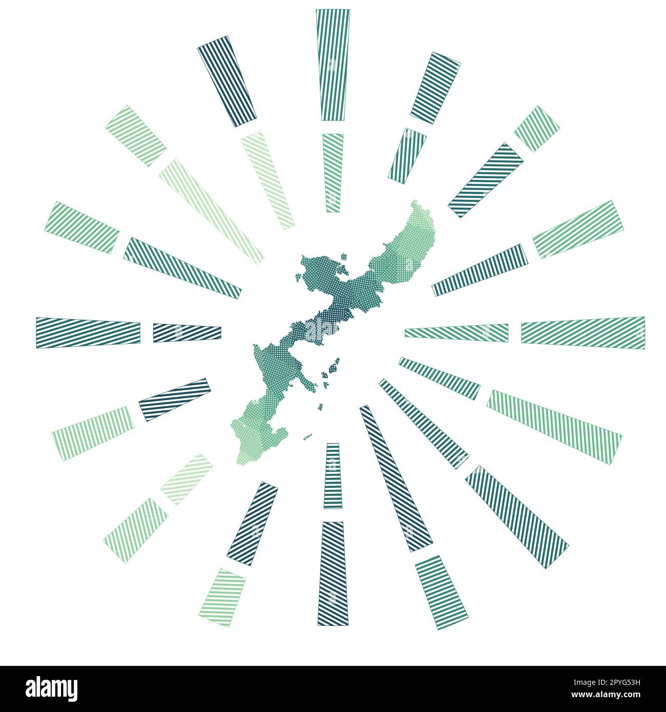 Okinawa Island sunburst. Low poly striped rays and map of the island ...