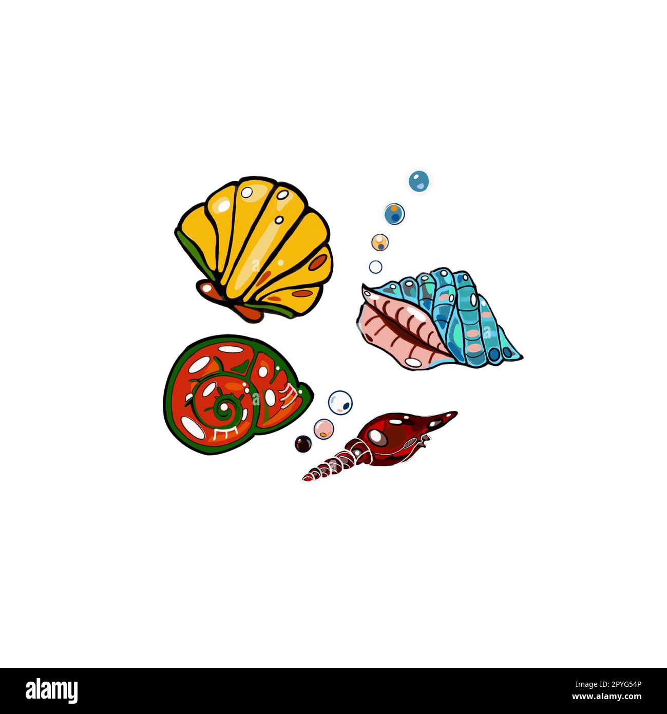 sea set, yellow , red, blue shell on a white background Stock Photo - Alamy