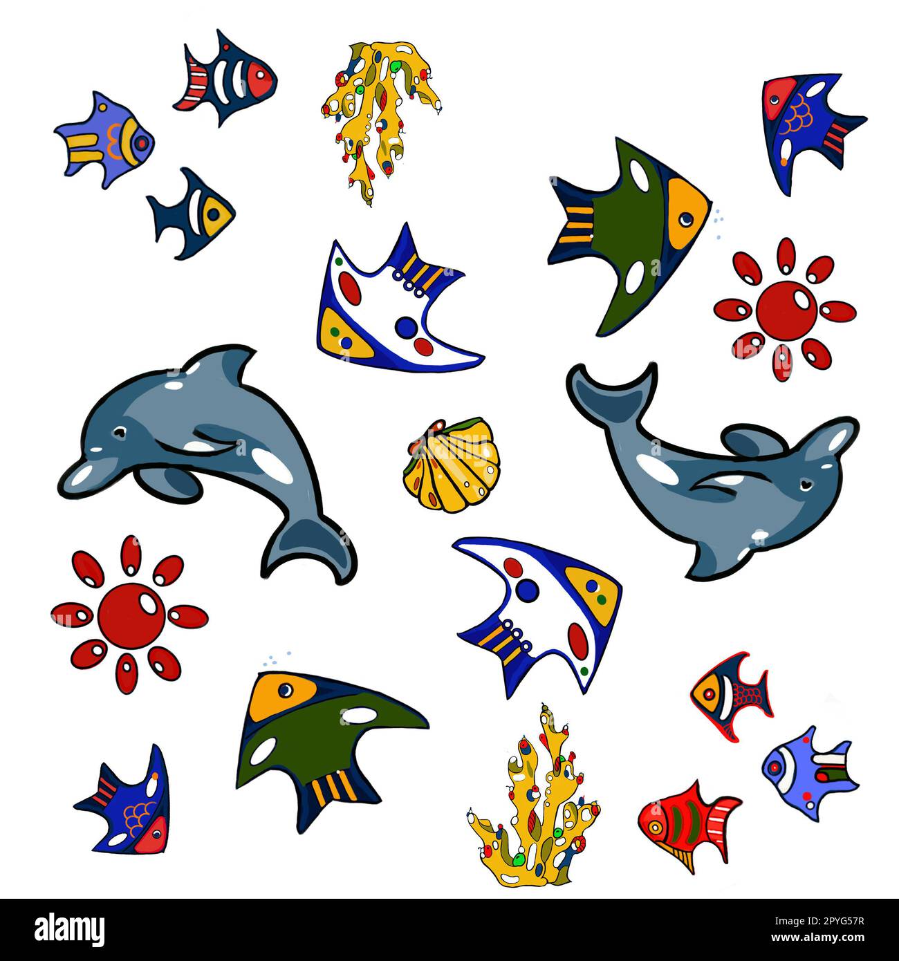 pattern sea set, marine kit on a white background, drawn by hand ...