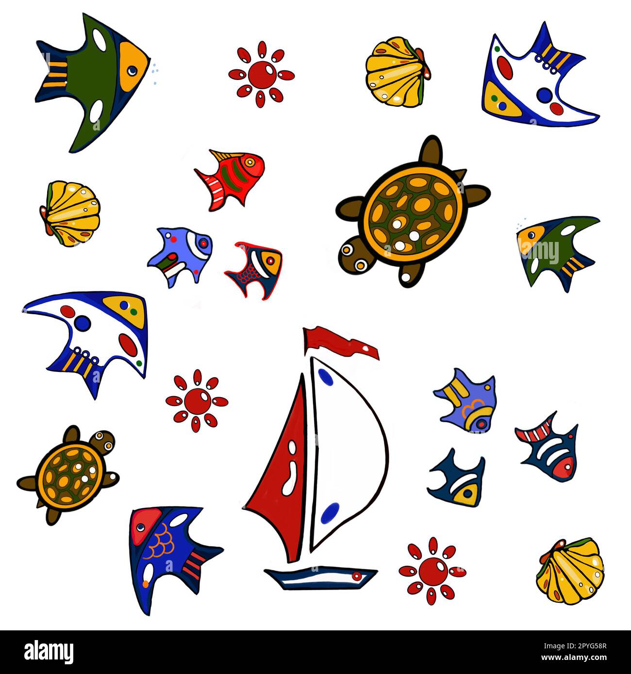 pattern sea set, marine kit on a white background, drawn by hand ...