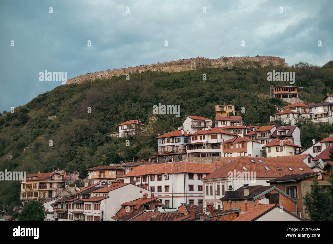 A view of Prishtina, Kosovo, featuring a series of houses and buildings ...