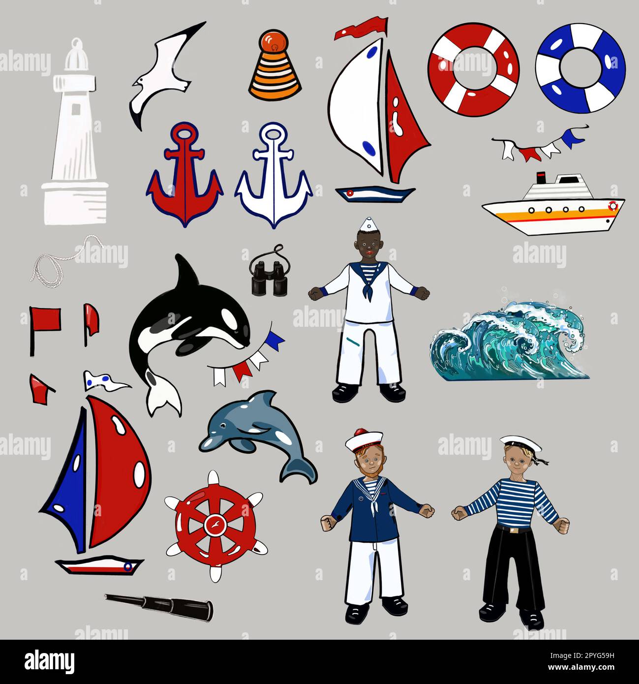 sea set, marine kit on a white background, drawn by hand, perfect for ...